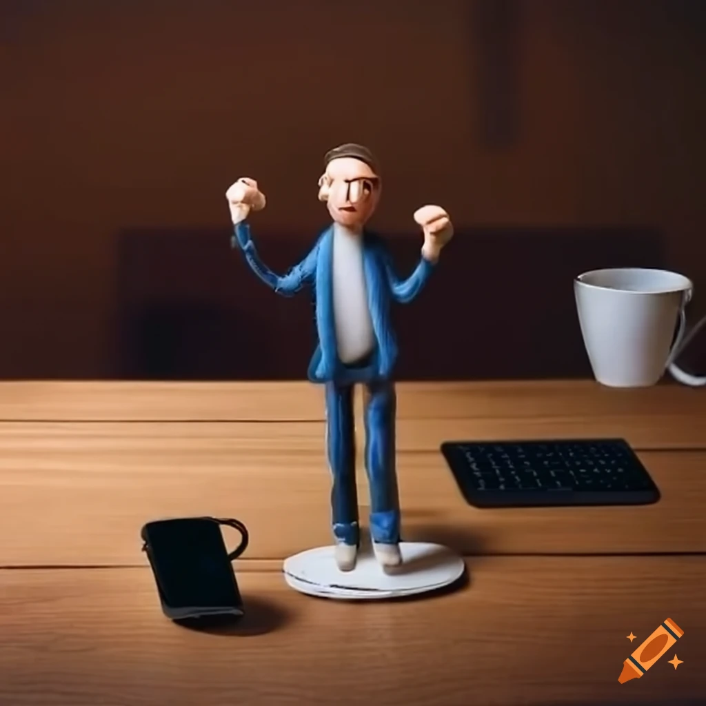 Tiny one inch tall man, standing on top of a normal size office desk ...
