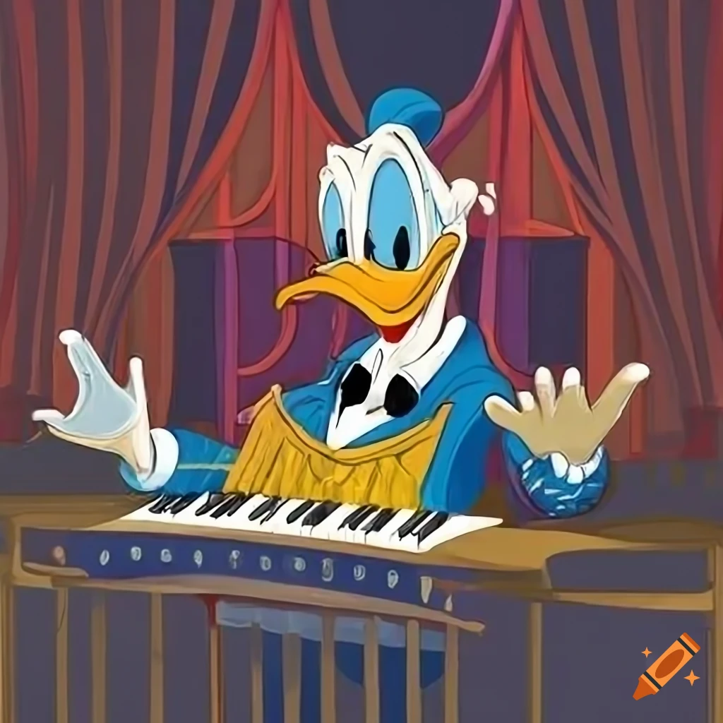 Donald Duck as a conductor playing a grand piano, in the stage ...
