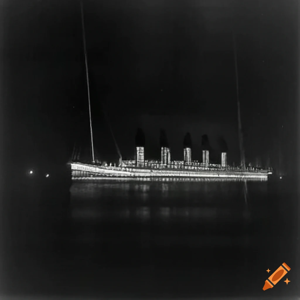 1912 low quality black a white photograph of the titanic sinking at ...