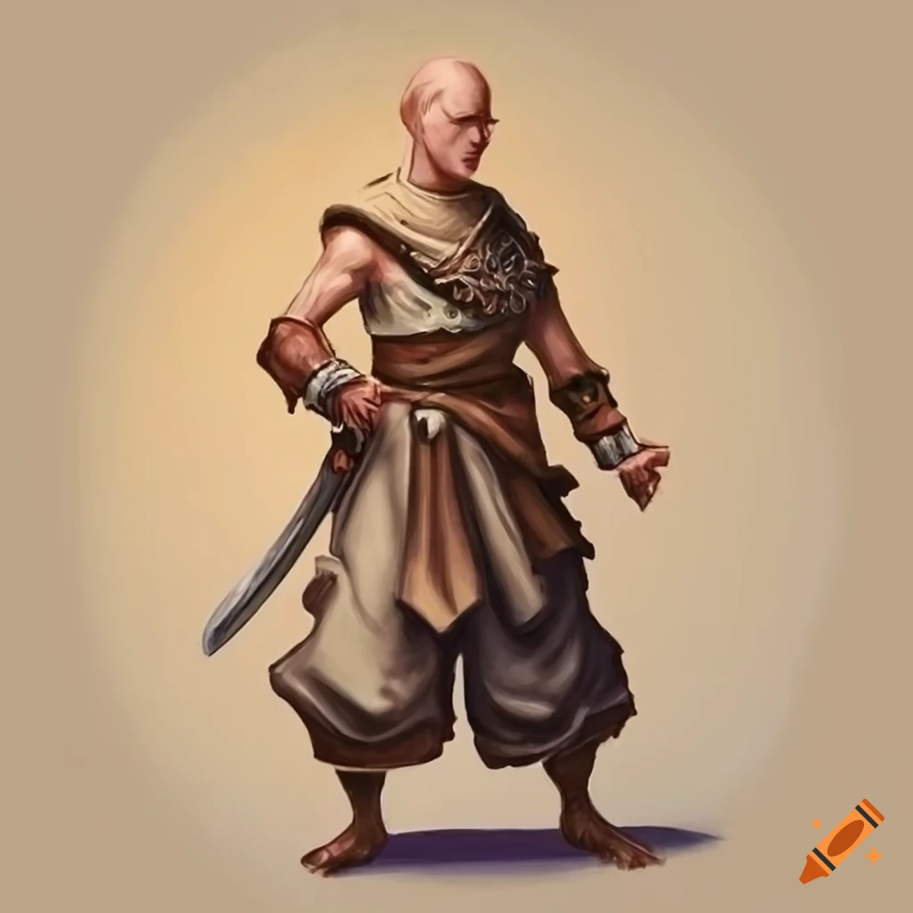 An elf dressed as a monk with a sword in his right hand on Craiyon