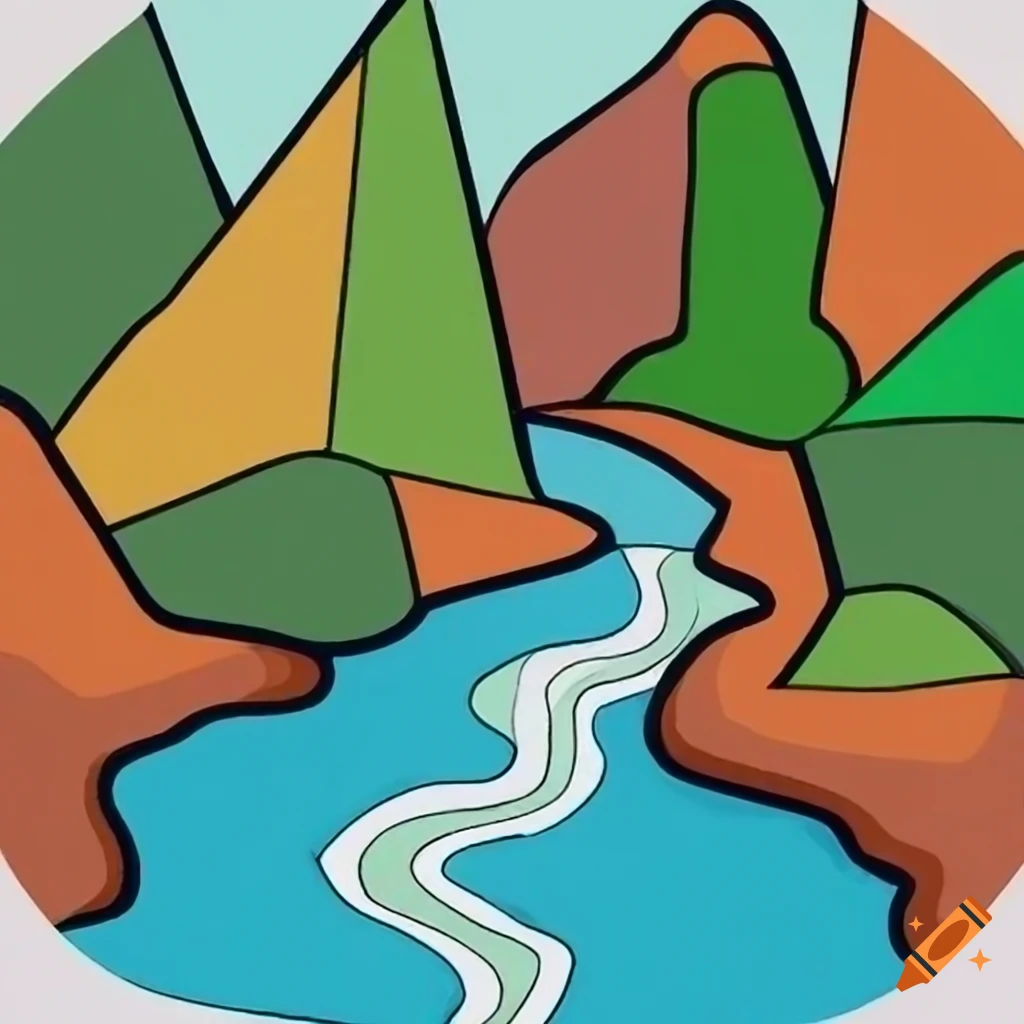 Cubism cartoon river, mountain and waterfall