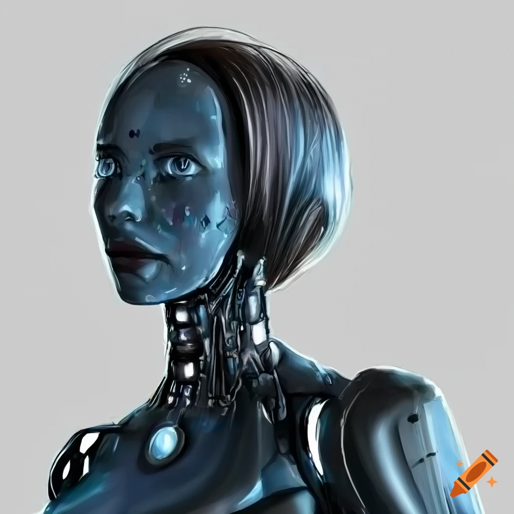 Detailed 2d illustration of a female robot, in asimov's style