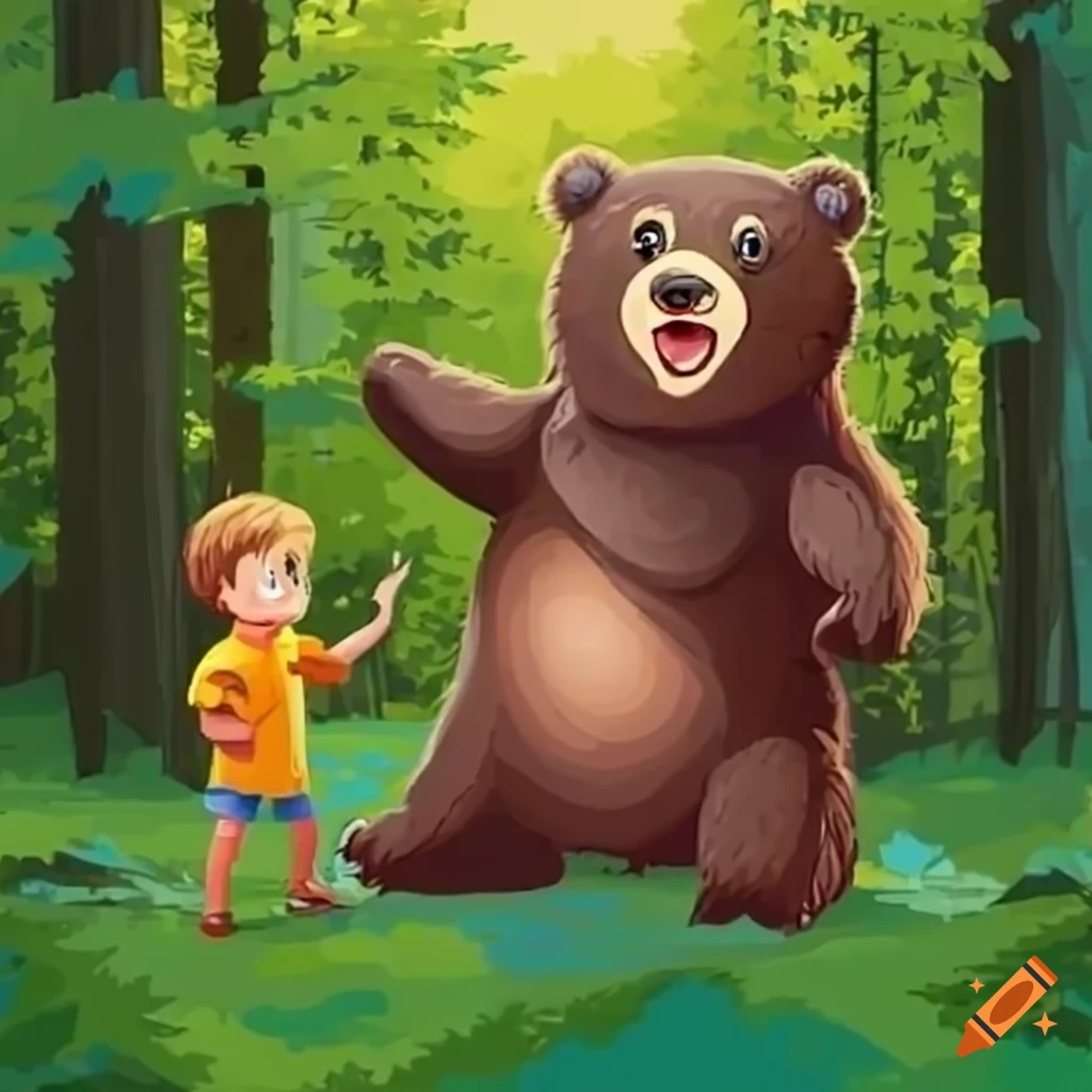A friendly bear plays with a smiling boy in the forest