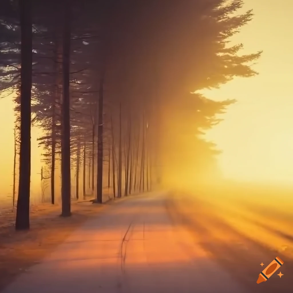 A lonely street on a sunset near a place with pine tree forest shot on ...
