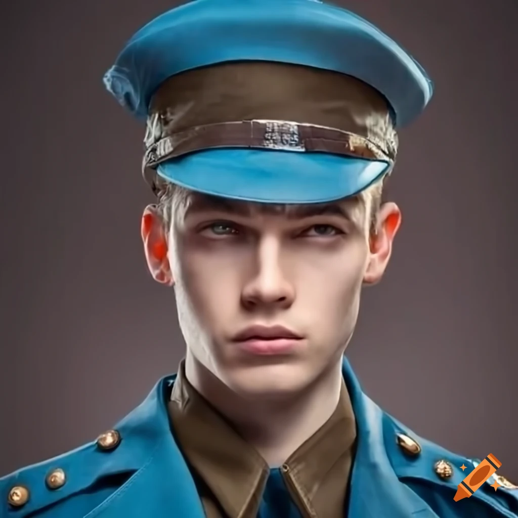 Young caucasian man with brown fair hair wearing a fully blue military ...