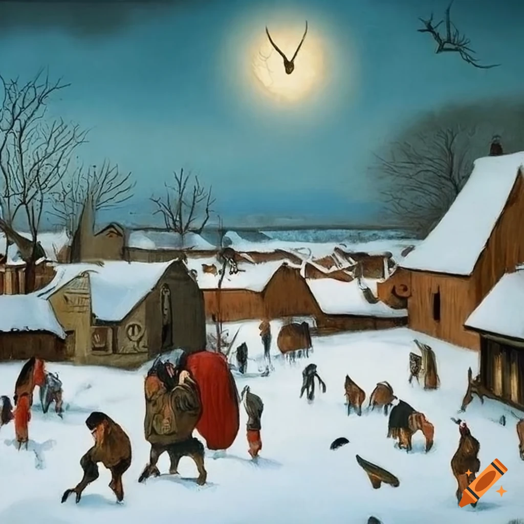 Draw hunters in the snow by bruegel in style of xx century on Craiyon