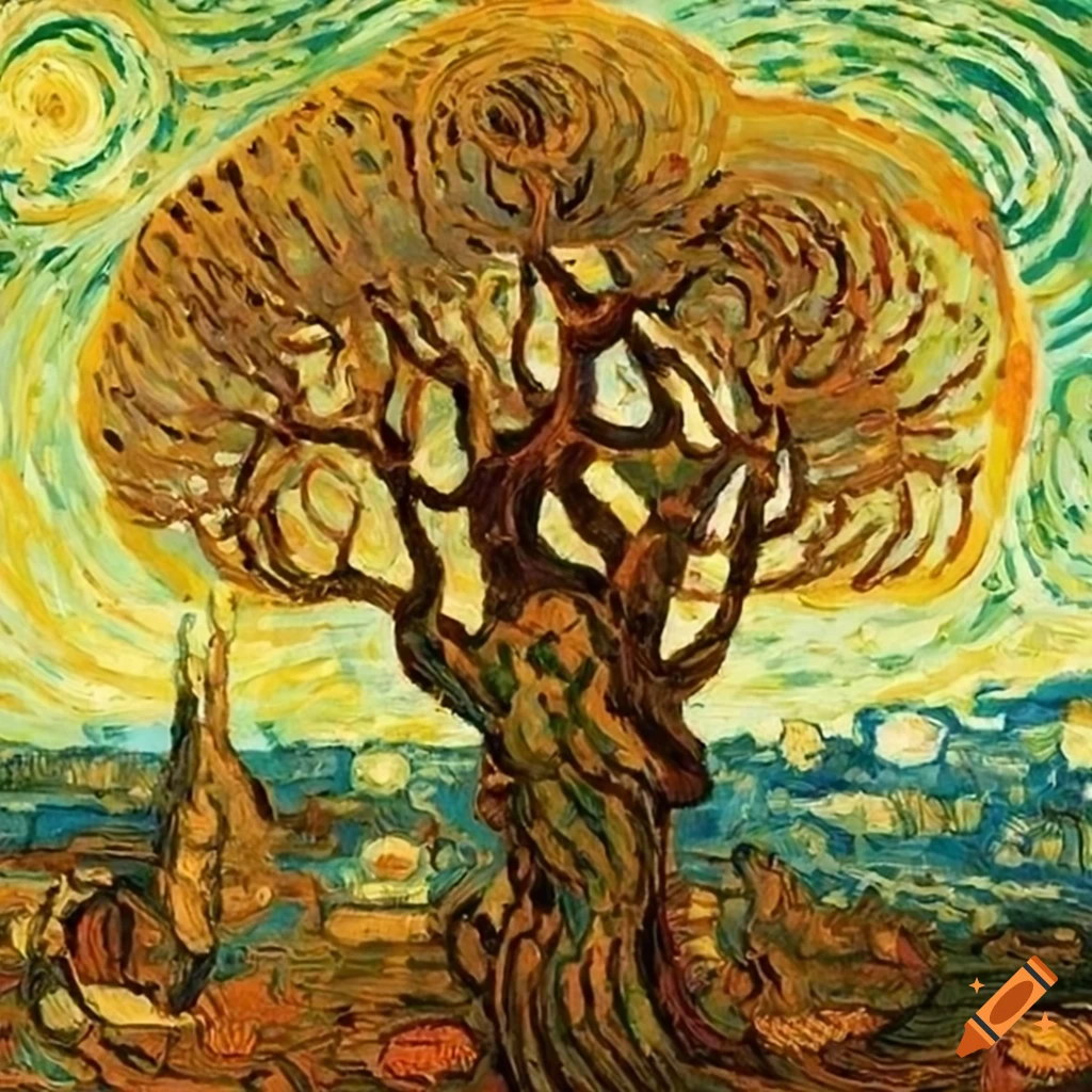 Mother tree and fungi networks in the style of van gogh