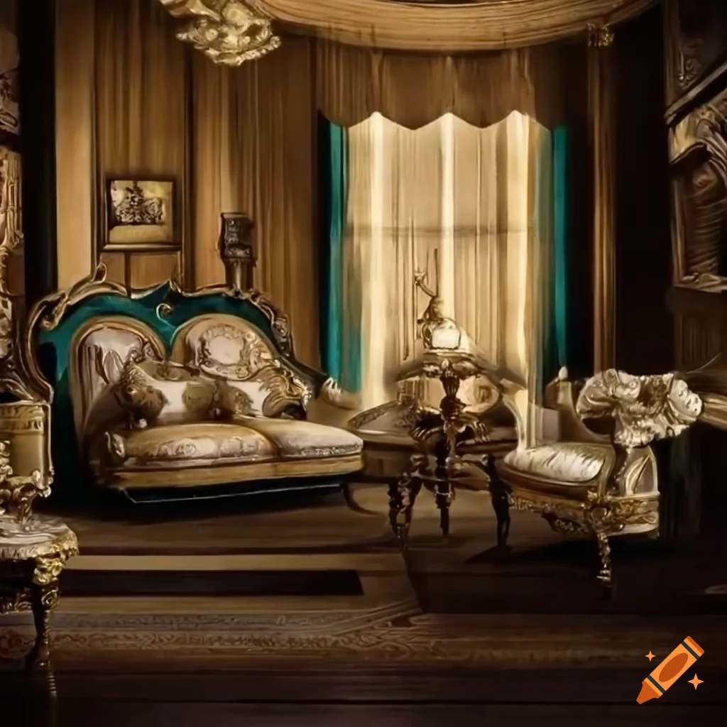 An elegant old fashioned living room with a green and gold long divan ...