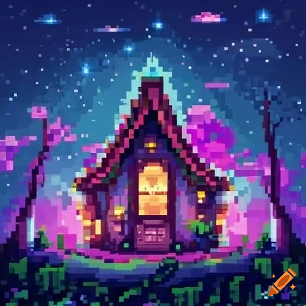 A magical fairy house surrounded by epic sparkles, pixel art on Craiyon