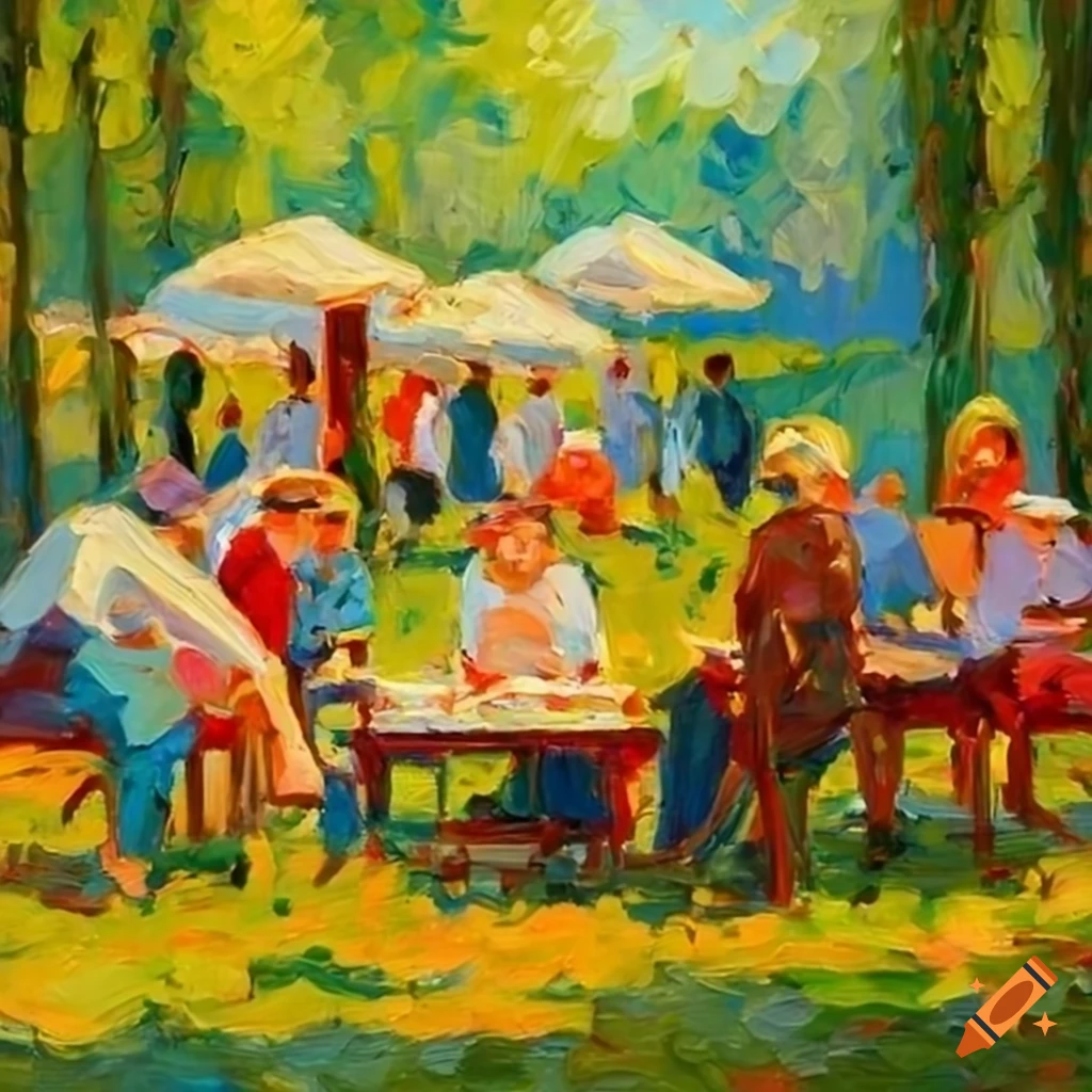Impressionist painting of group grilling in park during summer on Craiyon