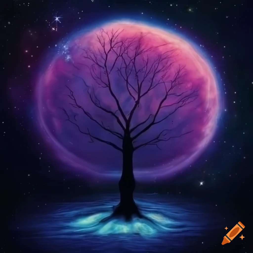 Prompt: a tree in space, stars, surreal