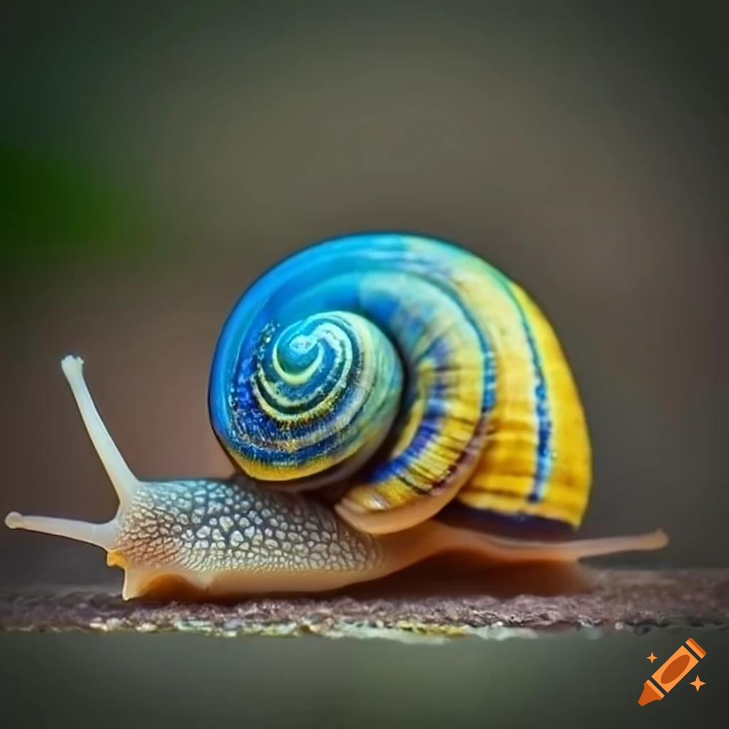 A snail with vibrant blue and yellow shell