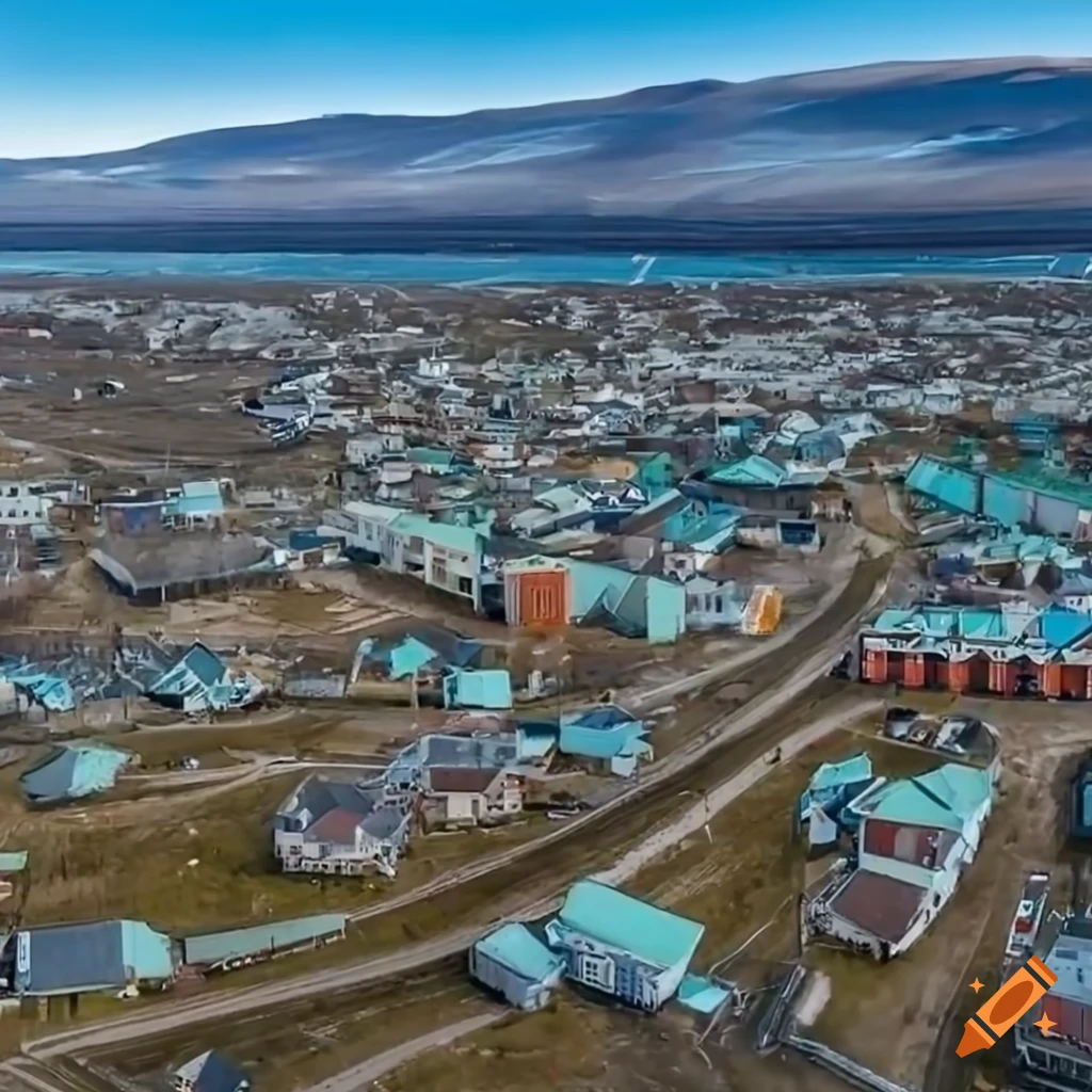 A stunning aerial view of a +small town +in the middle of arctic forest ...