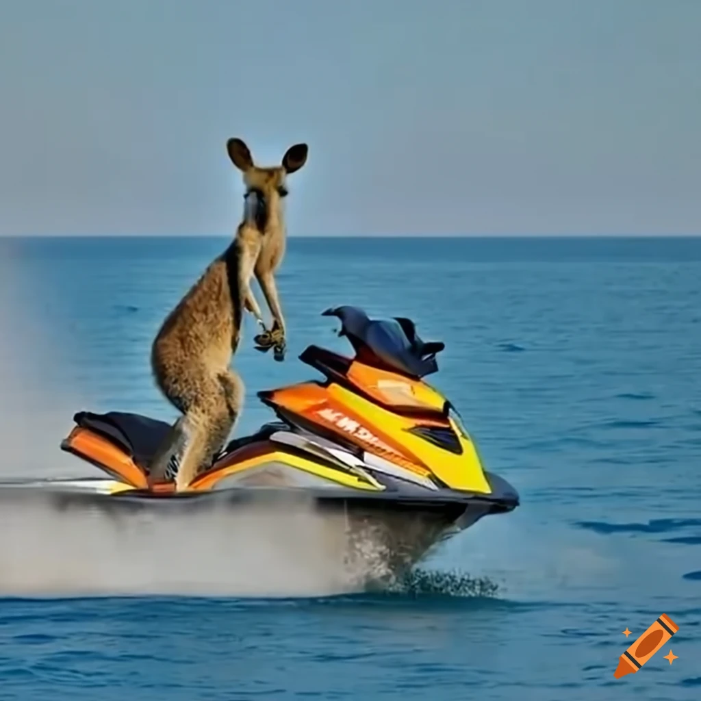 Kangaroo riding on a jet ski
