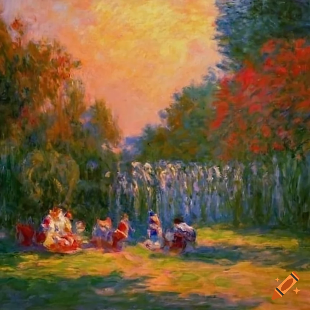 Claude monet painting of a summer bbq party scene on the fourth of july ...