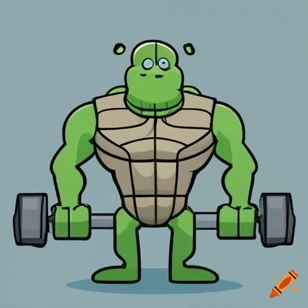 A cartoon strong turtle lifting weights on Craiyon