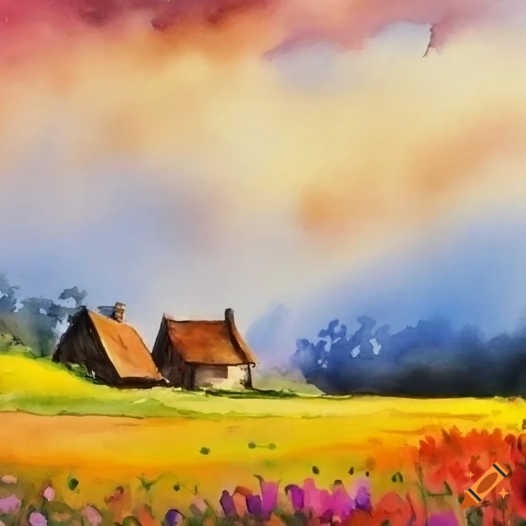 A serene countryside landscape with a charming cottage nestled among ...