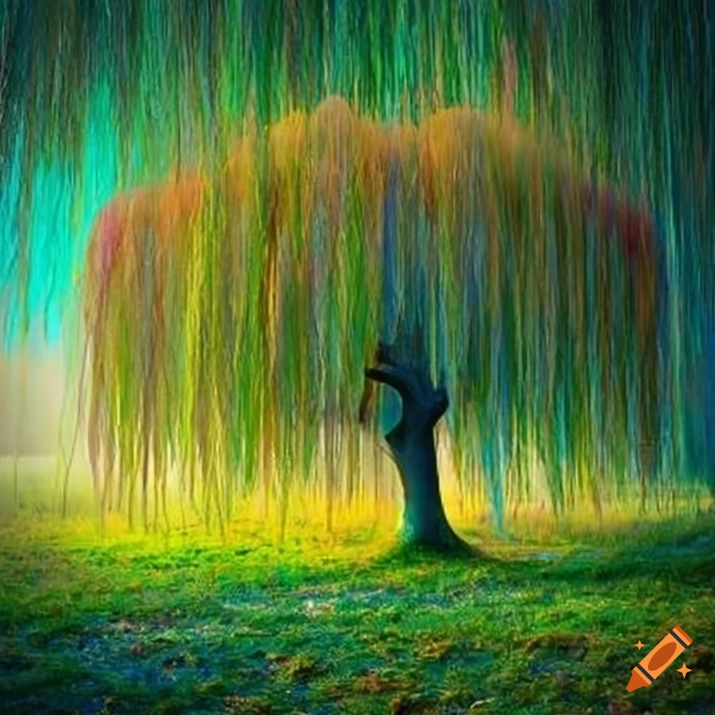 Forest of willow trees but the leaves are rainbow crystals