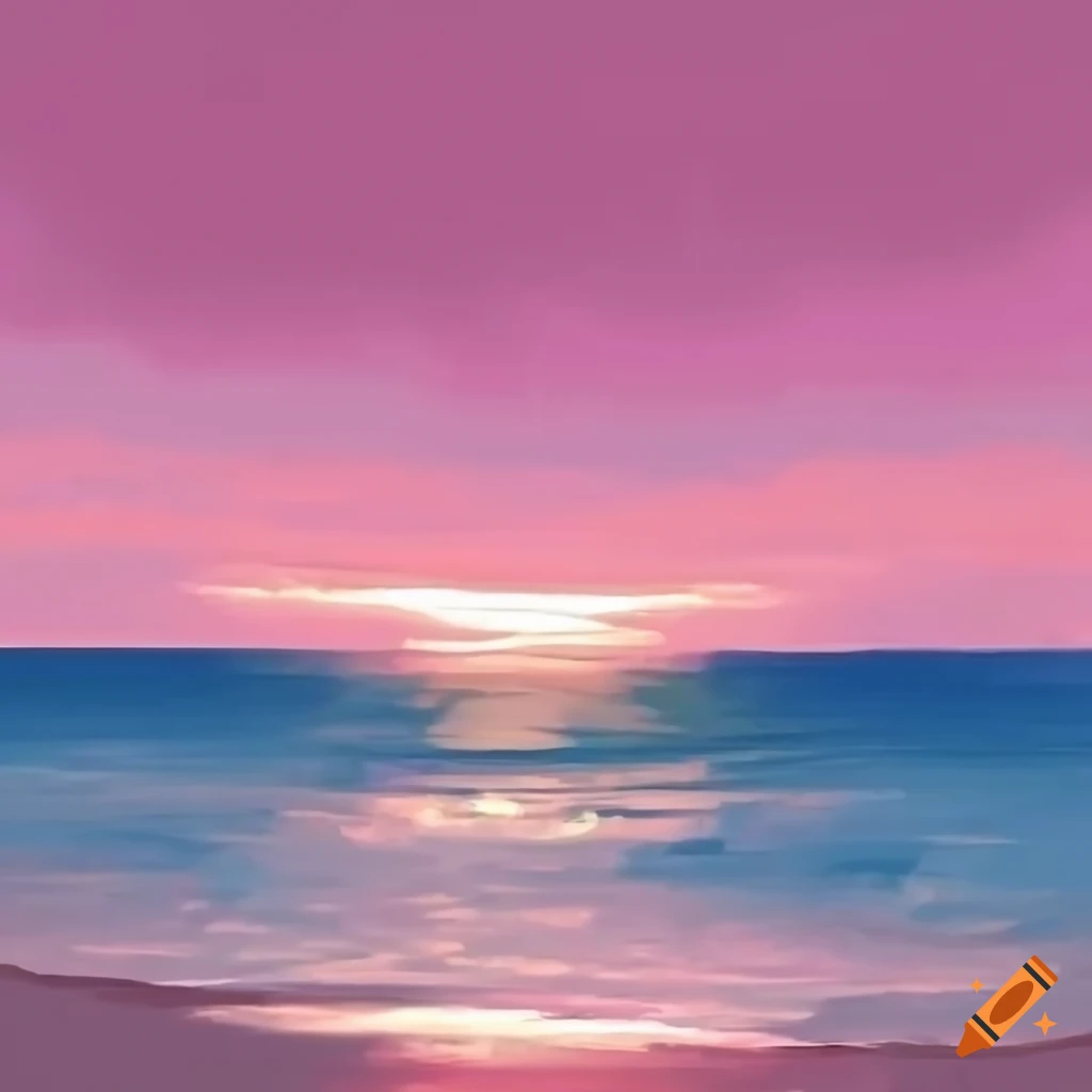 Beach and ocean view with pink sky in linework