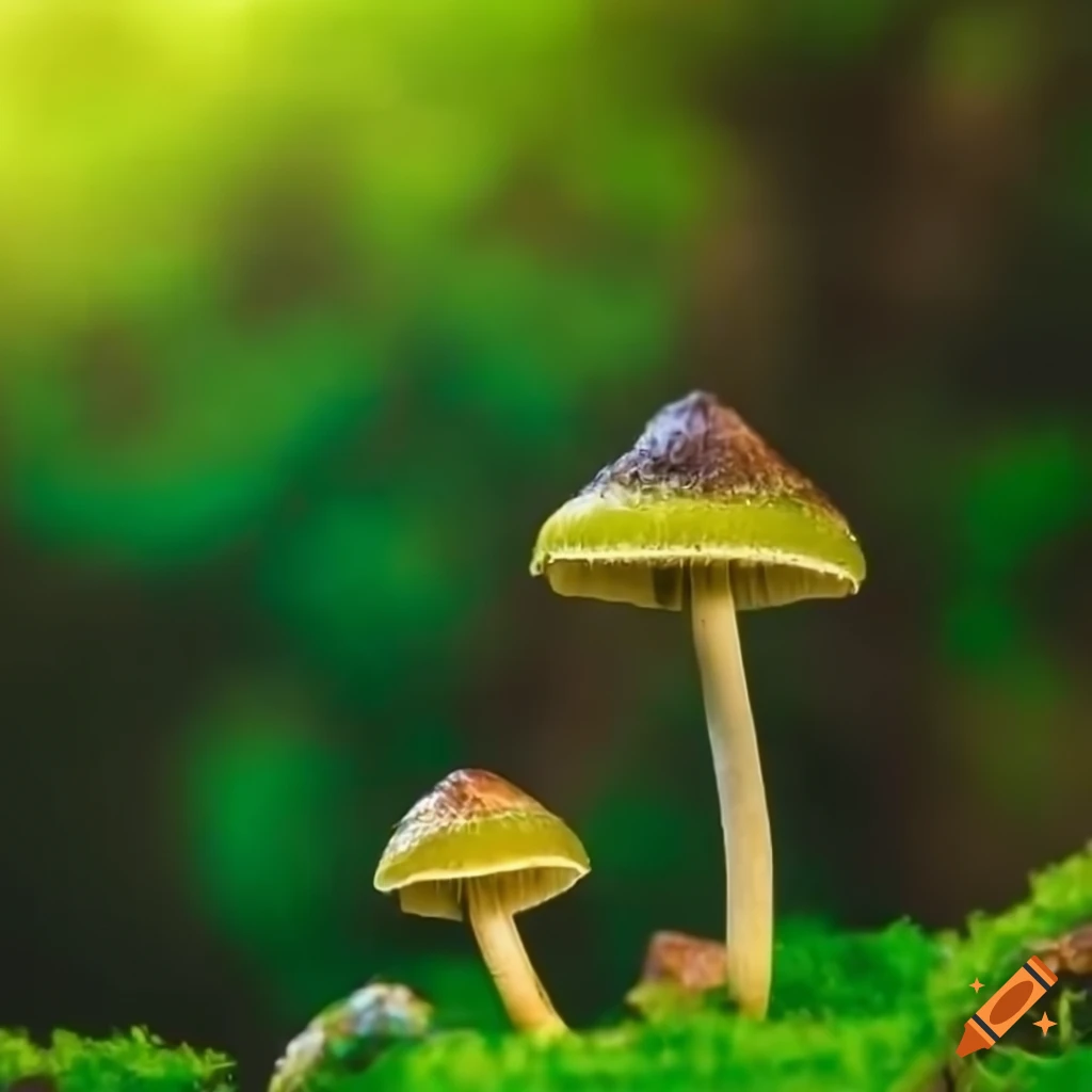Vibrant green fungi cluster in a lush forest