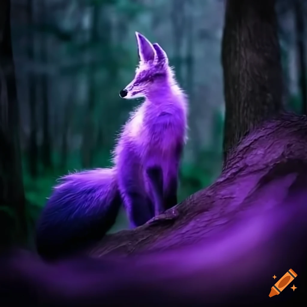 A mystical purple nine-tailed fox in the forest on Craiyon