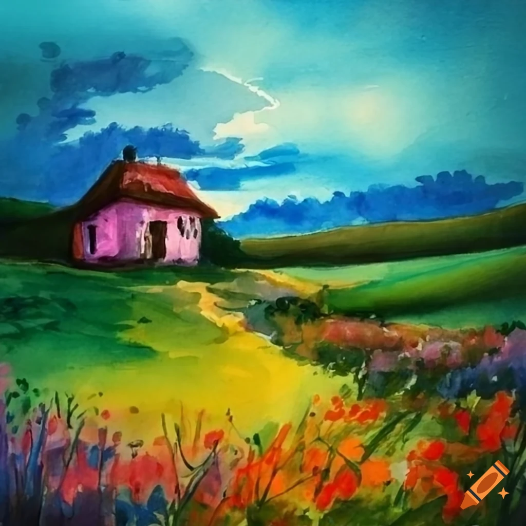 A serene countryside landscape with a charming cottage nestled among ...