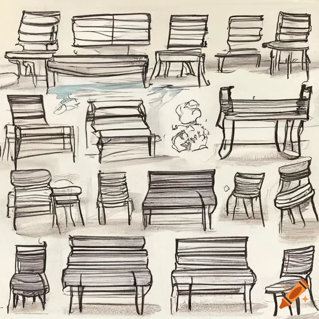 Set of 10 hand-drawn sketches showing park benches designs on Craiyon