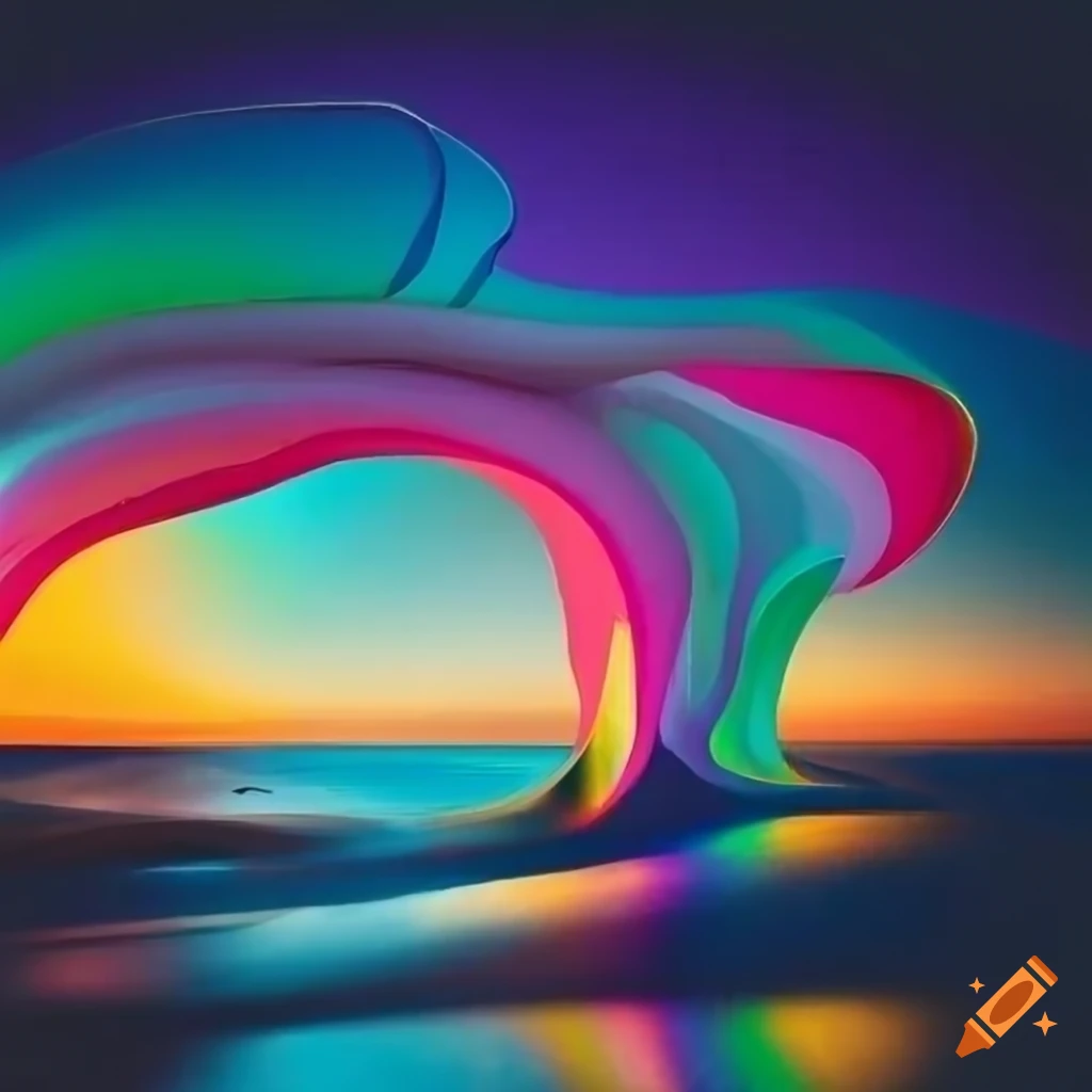 Vibrant waves crash against a sandy coast, Maba Studio's signature style on Craiyon