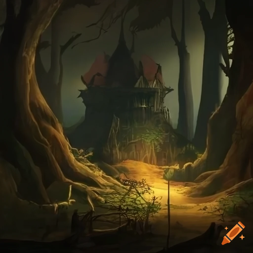 Fantasy dark forest with rangers and ranger outpost in night on Craiyon