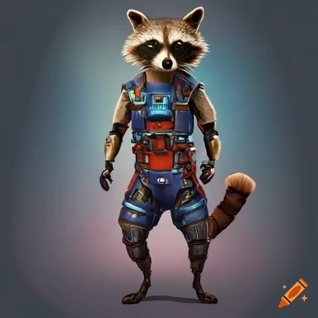 Full body image of Rocket raccoon examining his cybernetic arm on Craiyon