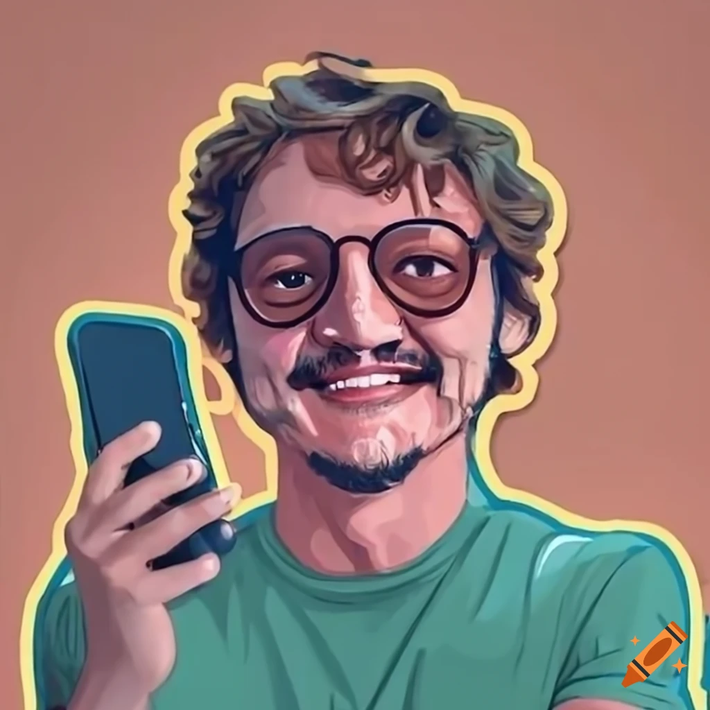 A cute sticker of a cheerful Pedro Pascal calling through phone on Craiyon