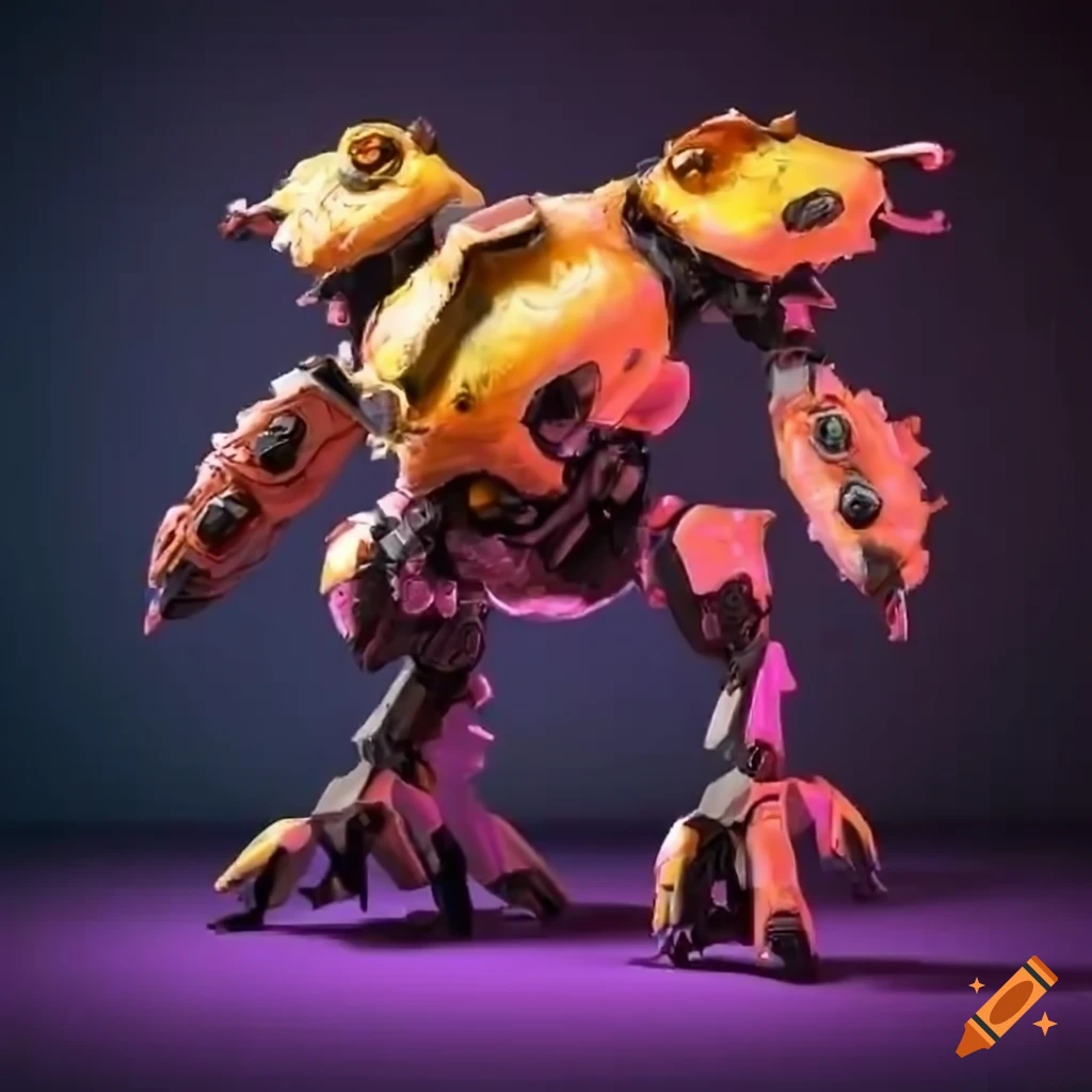 Small mecha with short yellow limbs with a pilot being a slime chicken ...
