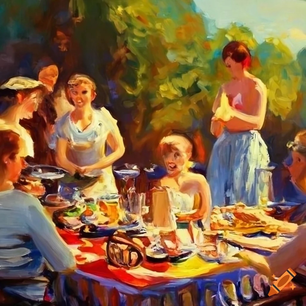 An impressionist style painting of people having a bbq party in the ...
