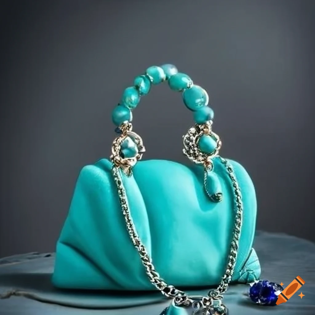 A trendy turquoise bag adorned with sapphire stones on Craiyon