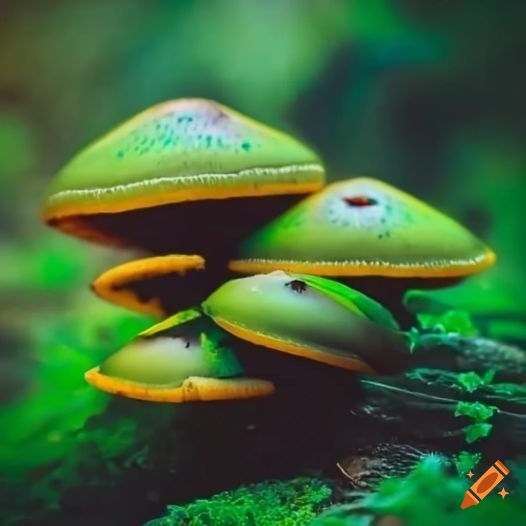 Vibrant green fungi cluster in a lush forest on Craiyon