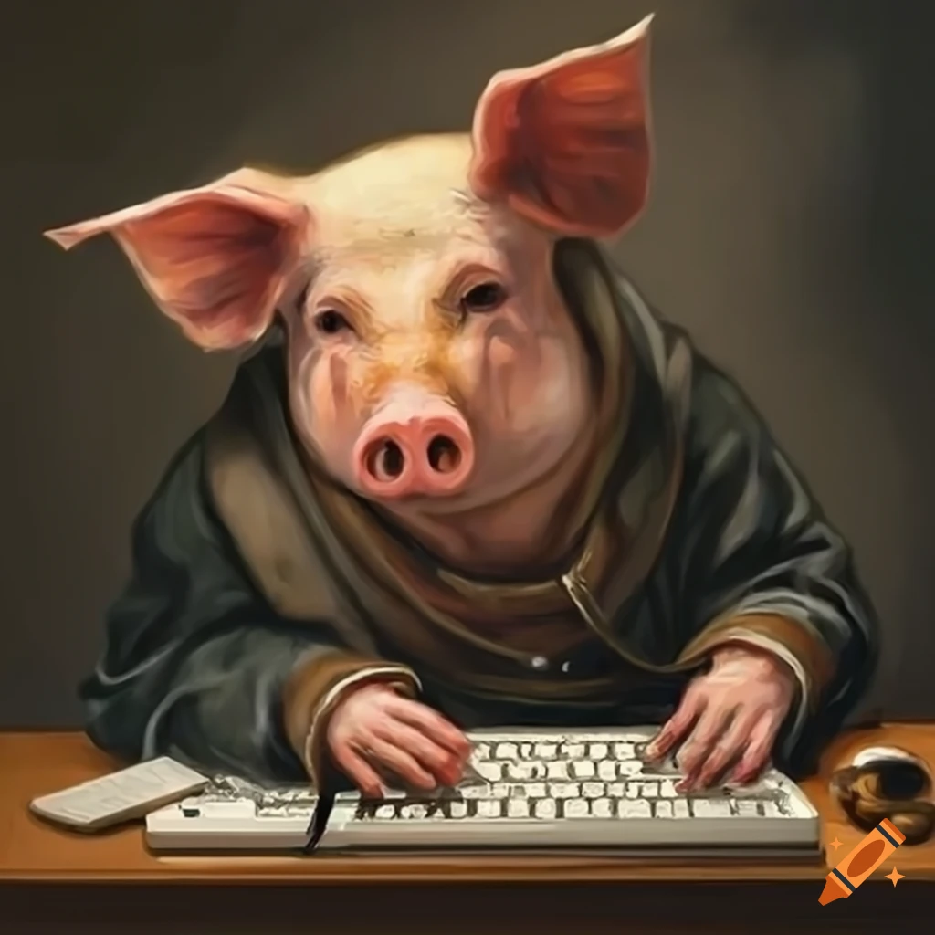 Realistic renaissance painting of a pig typing on a computer keyboard ...