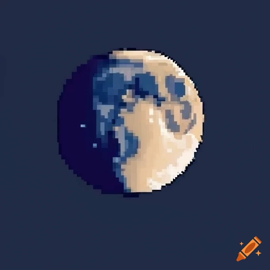 Pixel art profile photo of a dark blue and grey colored moon on Craiyon