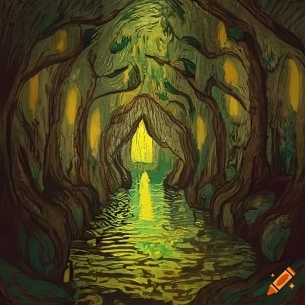 An underground forest with soil microbes in the style of van gogh