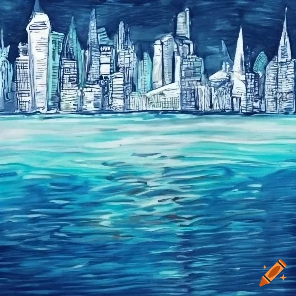A city floating in the sea, ocean city, pencil drawing on Craiyon