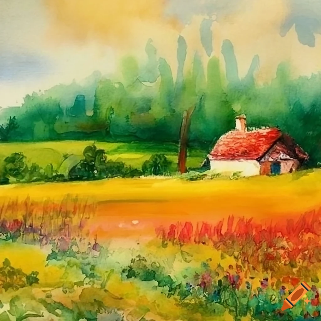 A serene countryside landscape with a charming cottage nestled among ...