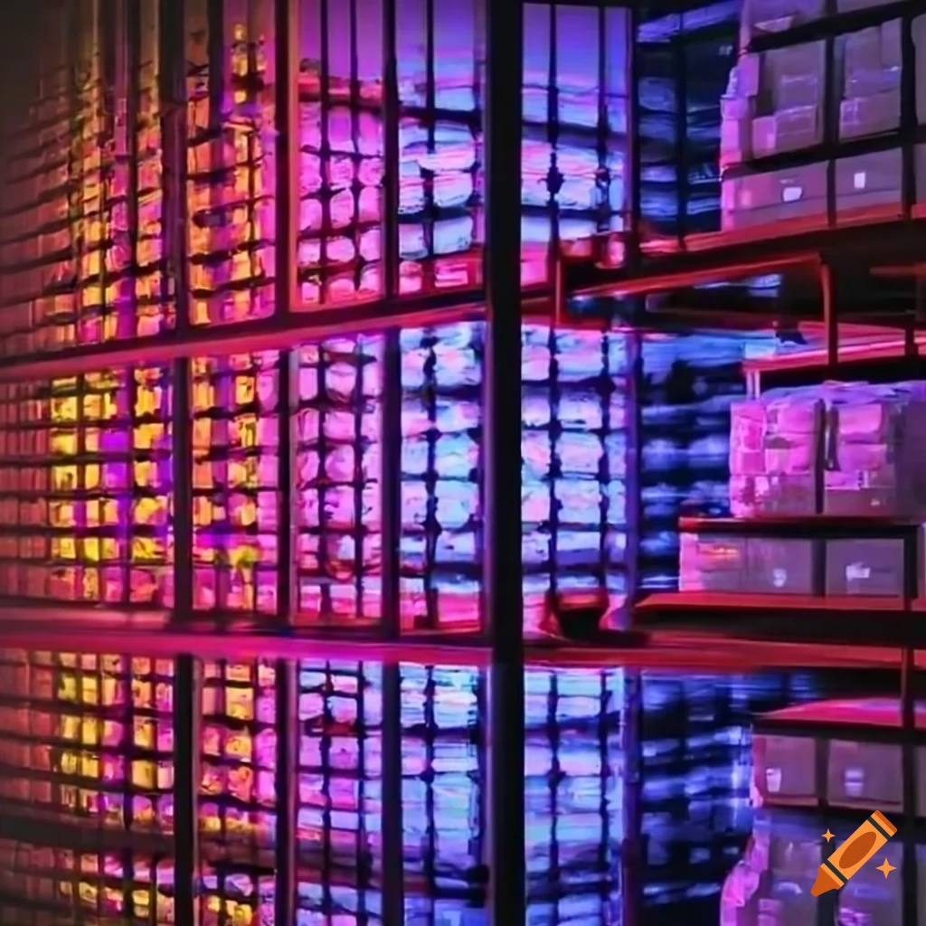 Colorful glowing packaging on warehouse shelf on Craiyon