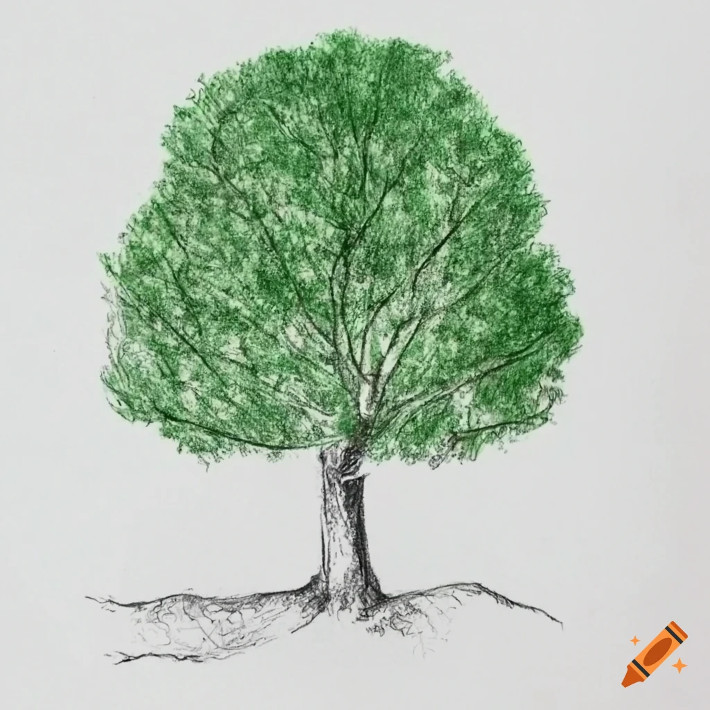 Drawing a simple figure of several trees with green branches with a ...