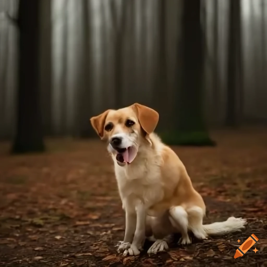 Dog in the forest at dusk longing for something. dramatic lighting on ...