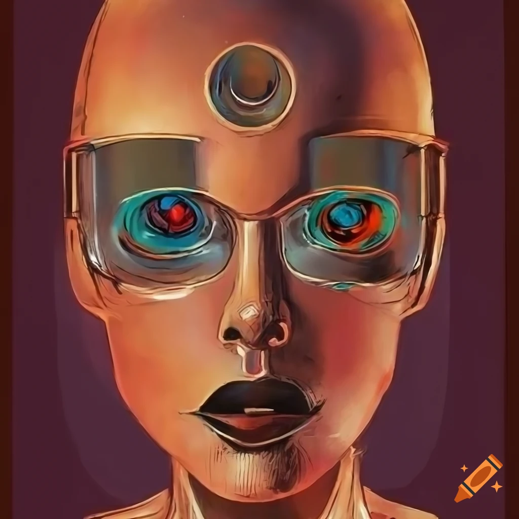 Female retro robot , asimov style pulp book cover detailed illustration
