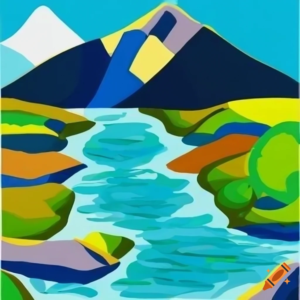 Cubism cartoon river, mountain and waterfall