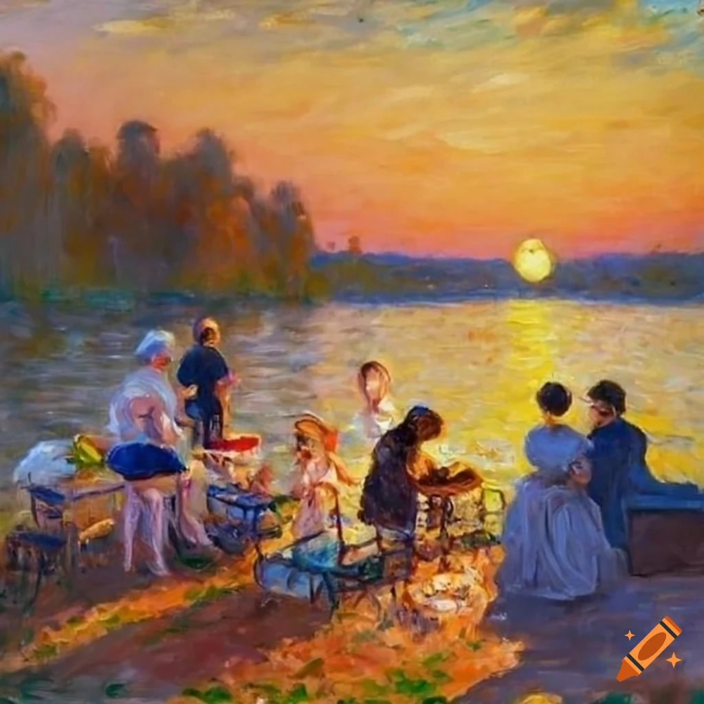 Monet painting of an idyllic summer scene of people grilling hot dogs ...