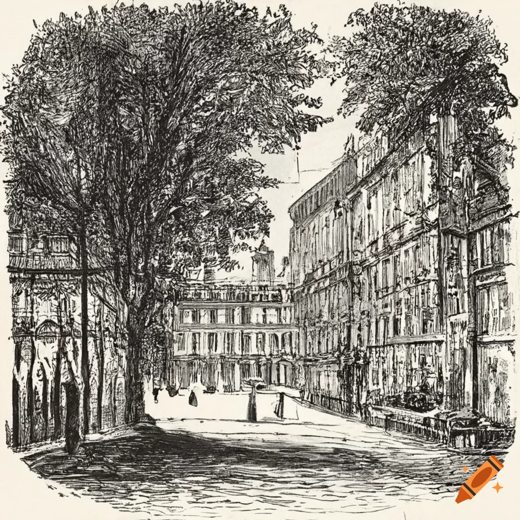 Vintage sketch of the beautiful road in front of the french hotel in ...