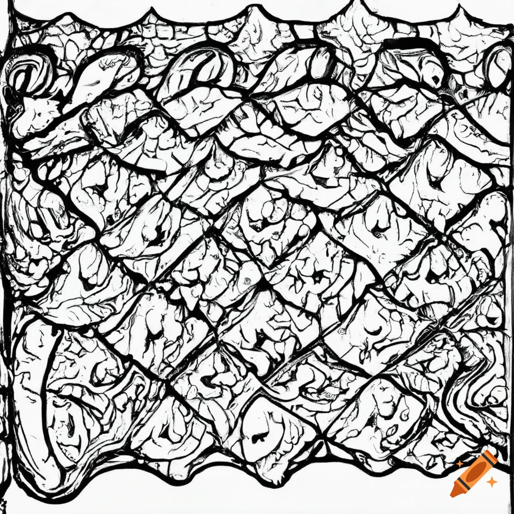 Detailed line drawing of close up of a carved dragon's scales on Craiyon
