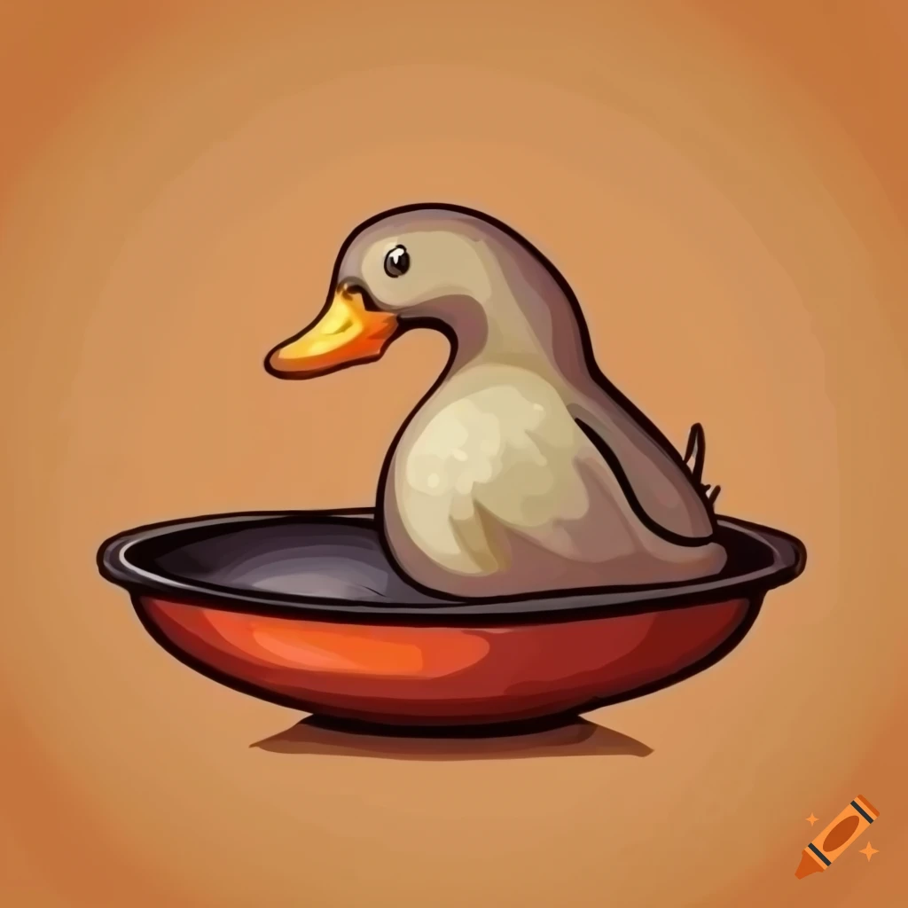 A japanese-style illustration of a duck inside a pan