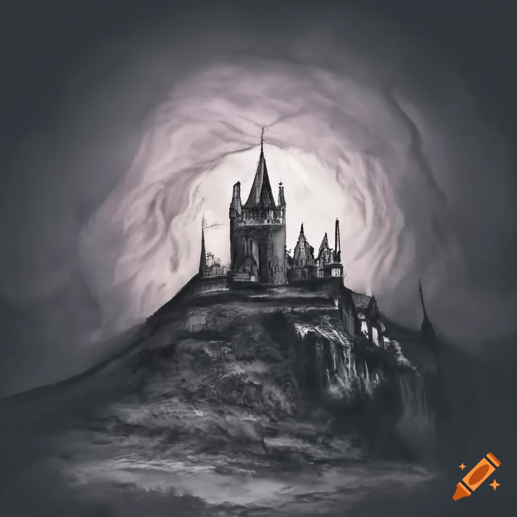 Gothic castle atop a hill beset by lightning in front of full moon on ...